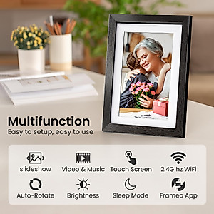 BIHIWOIA 10.1'' Frameo Digital Picture Frame, 32GB WiFi Digital Photo Frame, 1280x800 IPS Touch Screen, Auto-Rotate, Slideshow, Send Photos/Videos via Free App(Black Wood Frame)