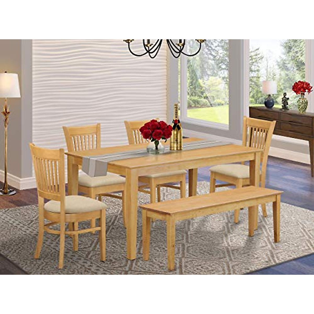 East West Furniture CAVA6-OAK-C 6 Piece Modern Dining Table Set Contains a Rectangle Wooden Table and 4 Linen Fabric Upholstered Chairs with a Bench, 36x60 Inch, Oak
