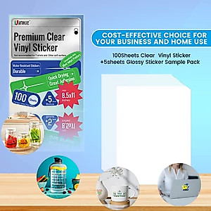 Uinkit 105Sheets Premium Clear Vinyl Sticker Paper for Inkjet Printer - Include 100 Sheets Clear and 5Sheets Glossy Label Waterproof, Dries Quickly Vivid Colors, Holds Ink Well