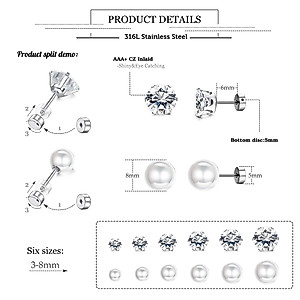 Jstyle 12Pairs Stainless Steel Round Clear Cubic Zirconia Pearl Stud Earring for Women CZ Earrings 3-8MM
