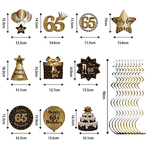 Happy 65th Birthday Party Hanging Swirls Streams Ceiling Decorations, Celebration 65 Foil Hanging Swirls with Cutouts for 65 Years Old Black and Gold Birthday Party Decorations Supplies