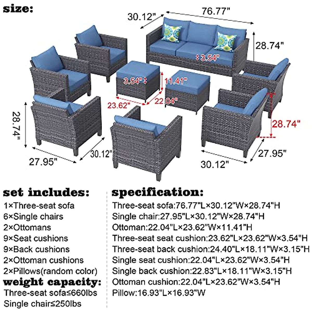 HOOOWOOO Patio Outdoor Conversation Set 9 Pieces Outside Patio Furniture Set Wicker Rattan Patio Seating Set Weather Resistant Patio Chairs Set,Denim Blue