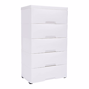 5 Drawer Storage Cabinet with Wheels,Plastic Drawers Dresser,5 Tier Storage Cabinet for Living Room,Bedroom,Kitchen,White