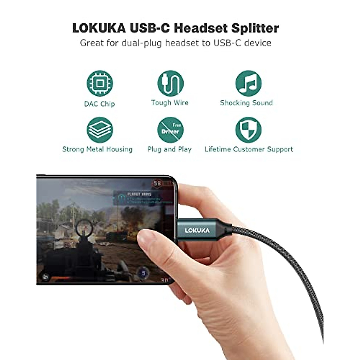 LOKUKA USB C to 2 TRS 3.5mm Headphone Mic Splitter Adapter, Build-in Hi-Res DAC Chip for Dual-Plug PC Gaming Headset to Type-C Laptop, Tablet, Mobile Phone, PS5, and More (12 inch)