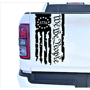 We The People Betsy Ross Flag 1776 Distressed American USA US Flag Truck Tailgate Vinyl Decal - 2 Pack - Stickers Preamble of The US Constitution fits Most Pickup Trucks (10" x 18", Matte Black)