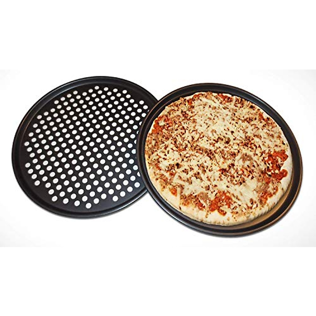 Pizza Pan With Holes, 2 Pack Carbon Steel Perforated Non-Stick Tray Tool Crispy 12inch Round for Home Kitchen