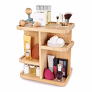 7Penn Bathroom Cosmetic Organizer Countertop Rotating Makeup Display - 11in Bamboo Bathroom Tower Shelf 2 Tier Organizer