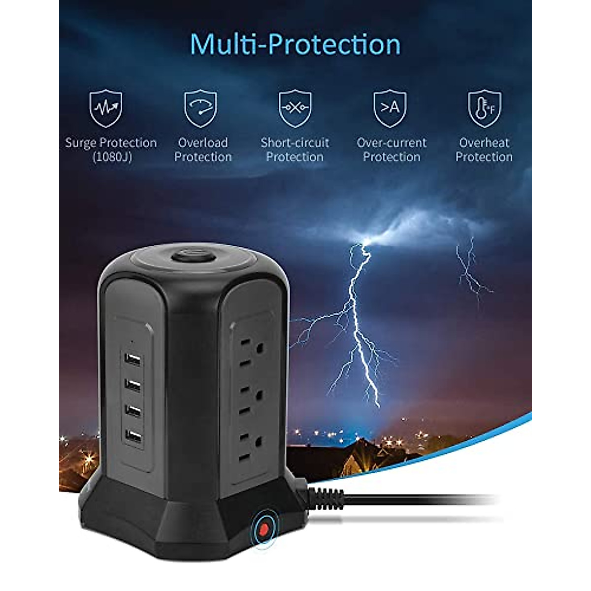 Power Strip Tower Surge Protector, SUPERDANNY Desktop Charging Station, 10 Ft Extension Cord, 9 Outlets, 4 USB Ports, 1080 Joules, 3-Prong, Grounded, Multiple Protections for Home, Office, Black