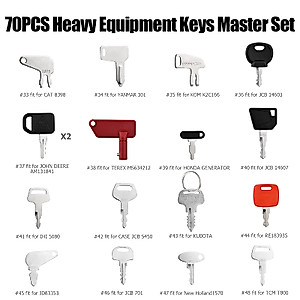 70 Heavy Equipment Keys Master Set, Construction Machinery Key for Cat Caterpillar John Deere Komatsu Volvo Bobcat Kubota JCB Sany Terex Case Hyster Yanmar Takeuchi New Holland Keys Heavy Equipment