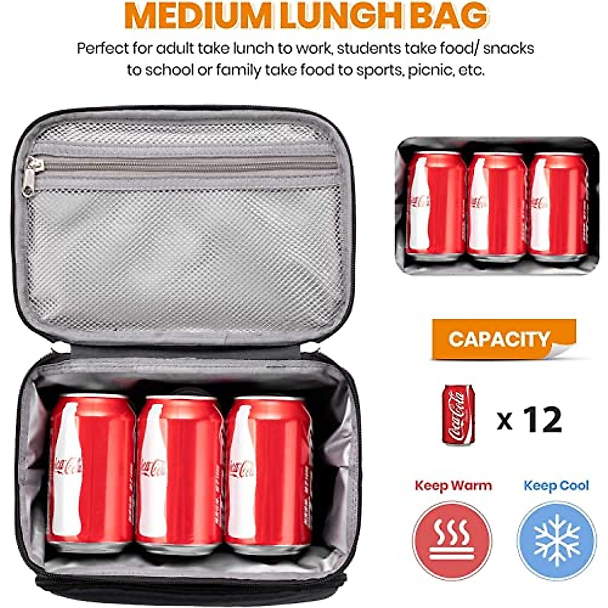NIUTA Insulated Lunch Bag for Men/Womens, Lunch Box, Black Upgraded version Double Deck Reusable Lunch Pail (Black-1)