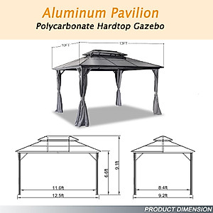 10'x13'Hard top Gazebo Patio Pavilion Double Room PC Roof Canopy Outdoor Aluminum Frame Permanent Metal Pavilion with Net and Curtain, Suitable for Backyard, Garden, Lawn (Brown)
