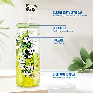 BEWAVE Drinking Glass with Straws, Silicone Lids and Straw Cover Cap, 16oz Can Shaped Glasses Cups, Iced Coffee Glasses, Beer Tumbler, for Whiskey, Soda, Tea, Juice, Gift, Panda, 1 Pack