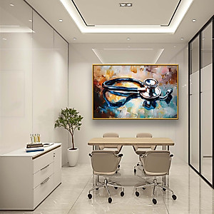 Stethoscope Canvas Wall Art,Medical Wall Art,Orange And Blue Wall Art,Framed Wall Art,Modern Bedroom Decor,Medical Office Wall Art (Gold Metal Framed, 48"Wx27"H/122x68cm)