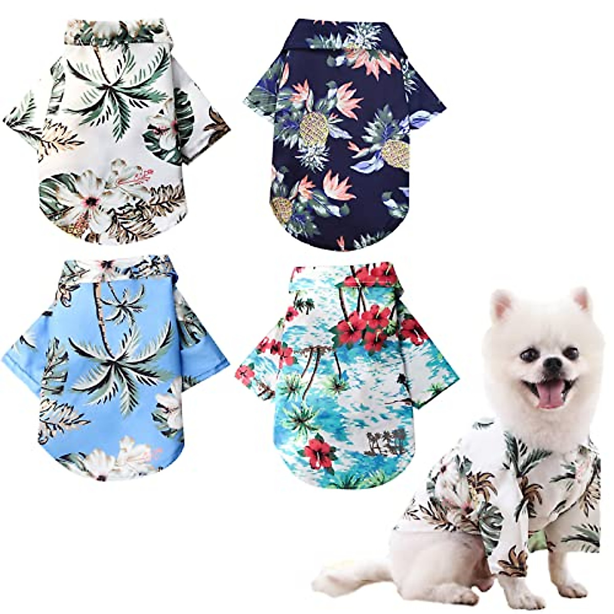 4 Pieces Pet Summer Shirts Hawaiian Style Dog T-Shirts Floral Coconut Tree Printed Puppy Shirt Summer Beach Dog Apparel Cat Outfit Shirt Breathable Pet Cool Clothes for Small to Medium Pets (XX-Large)