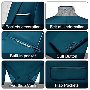 MAGE MALE Men's 3 Pieces Suit Elegant Solid One Button Slim Fit Single Breasted Party Blazer Vest Pants Set. Teal Blue