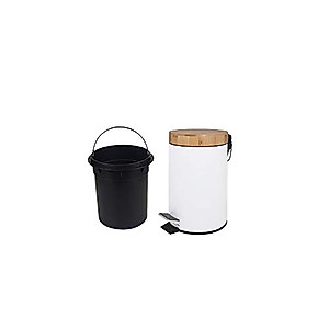 Small Bathroom Trash can with Pedal,Eco Friendly Bamboo lid Soft Close,0.8 Gal/3L .White Steel with Removable Inner bin.Strong &Anti Skid Pedal.Color Box.Unique & Boutique Style