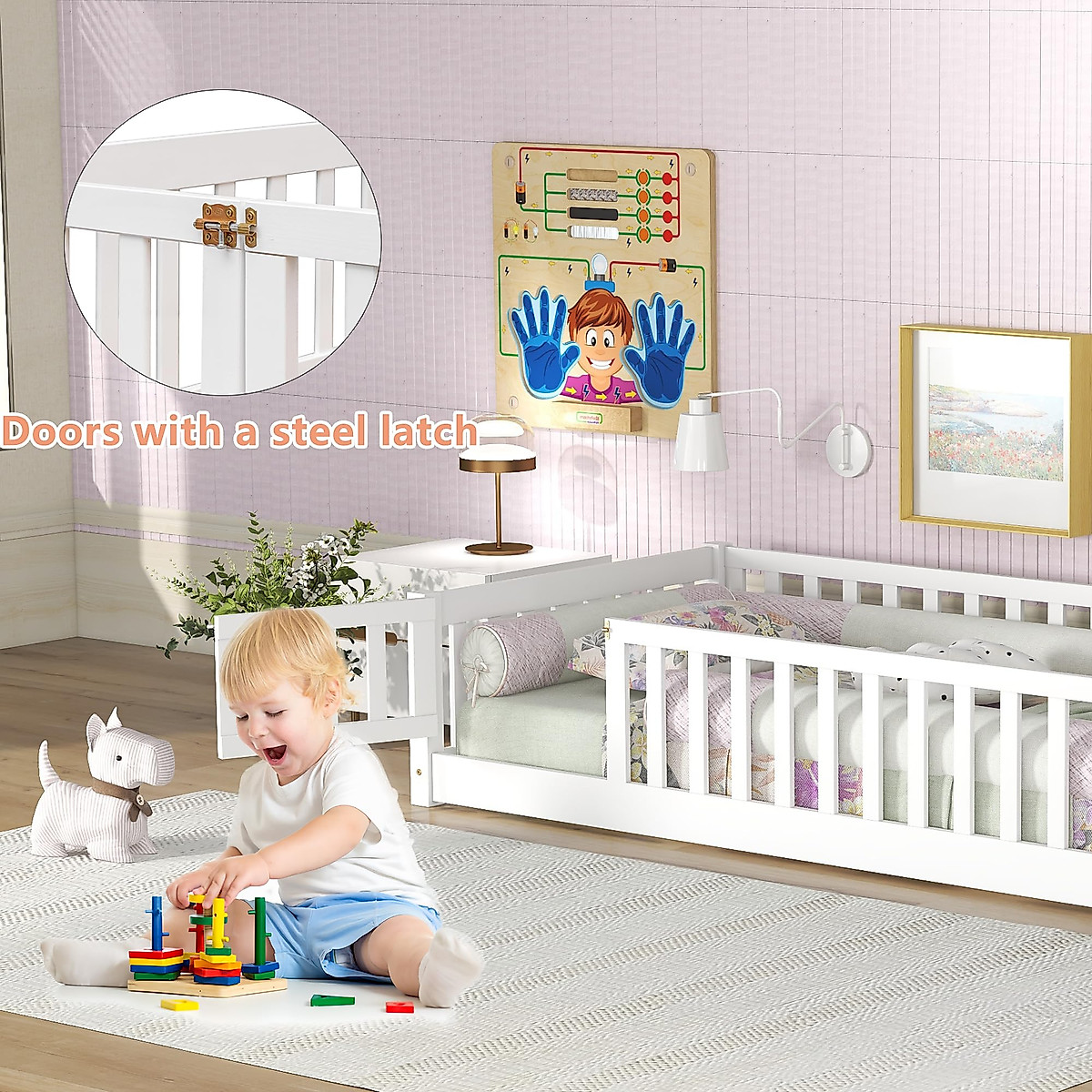 Bellemave Floor Bed for Kids,Twin Size Montessori Floor Bed with Door and Fence,Solid Wood Twin Bed Frame with Removable Slats for Girls Boys,Twin,White