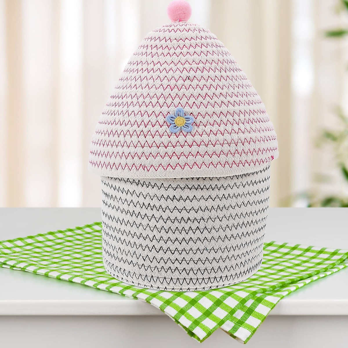 HANABASS Cotton Rope Storage Basket with Lid Small Woven Baskets Cute Toy Storage Basket Mini Storage Bins for Living Room Nursery Bathroom Desk Red