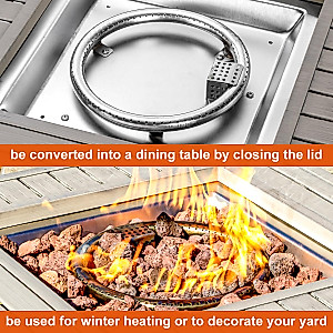 OutVue 28 Inch Propane Fire Pit Table, Outdoor Gas Fire Pits with Lid & Lava Rock, 50000 BTU Firepit for Dinning, Party in Outside, Patio, Garden or Yard (Light Grey)