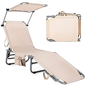 GYMAX Tanning Chair, Beach Lounge Chair with Canopy Sunshade, Carry Handle & Pocket, 5 Level Adjustable Layout Chaise Lounge for Outside, Folding Sunbath Chair for Outdoor, Patio, Poolside (1, Sand)