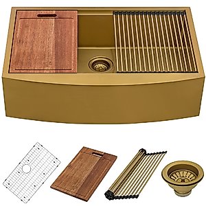 Ruvati 36-inch Matte Gold Workstation Apron-Front Brass Tone Stainless Steel Kitchen Sink - RVH9308GG