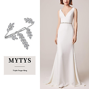 Mytys Fashion Triple Finger Ring for Women Silver CZ Cubic Zirconia Ring Three Finger Open Ring Leaf Design Jewelry Gift Adjustable Size (Silver)