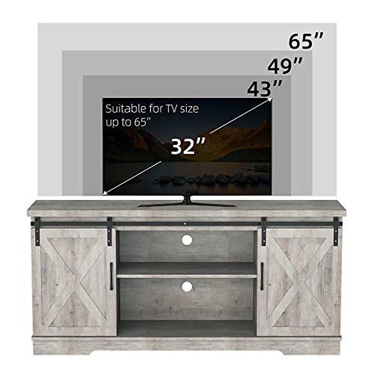 IDEALHOUSE Farmhouse TV Stand for 65 inch TV, Farmhouse Entertainment Center, Sliding Barn Door TV Stand, 58 inch TV Console Table, Home Living Room Wood TV Stand with Movable Shelf, Grey