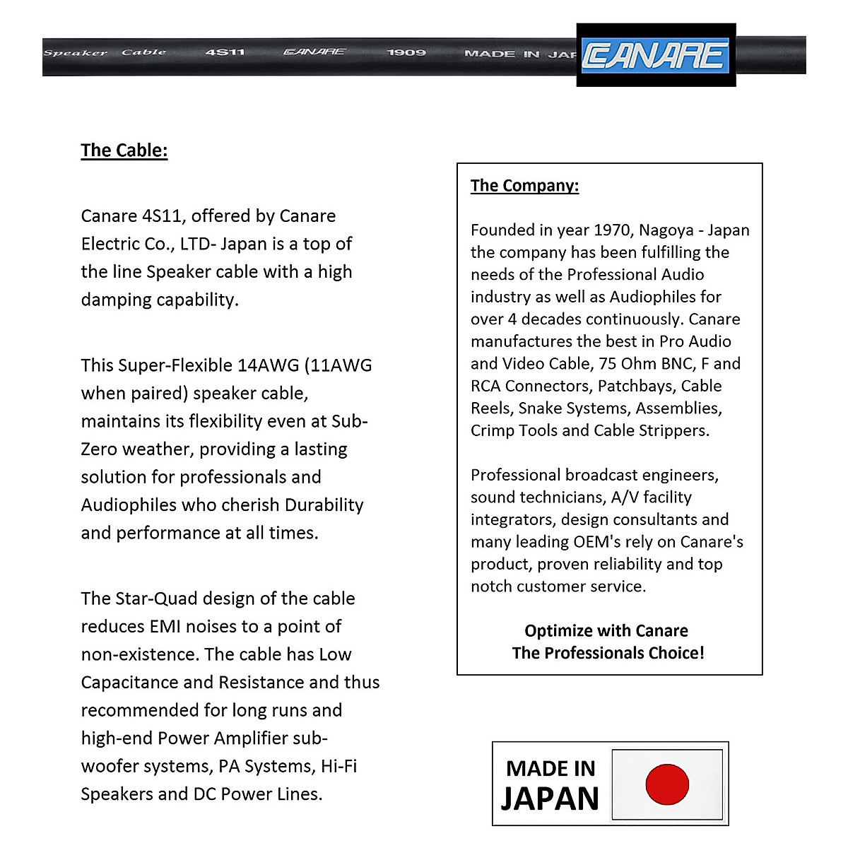 WORLDS BEST CABLES 6 Foot - Canare 4S11 – Audiophile Grade - HiFi Star-Quad Speaker Cable Pair with Eminence Gold Banana Connectors