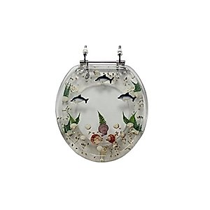 Trimmer Mother of Pearl Polyresin Toilet Seats in Pearl White with Dolphins and Coral