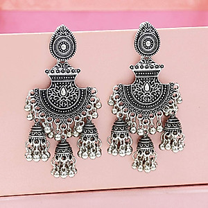 Jhumka Tassel Drop Earrings Bridal Dangle For Women Ethnic Afghan Silver Oorbellen Vintage Boho Tribal Egypt Nepal Gypsy Jewelry (Silver)