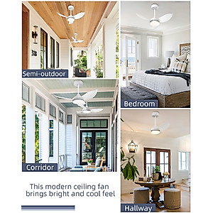 YOUKAIN Ceiling Fans, 30 lnch Small Ceiling fan with Lights and Remote Control, LED Indoor/Outdoor Ceiling Fan with 3 Reversible Blades for Bedroom, Kitchen, Patio, White, 30-YJ652-WH
