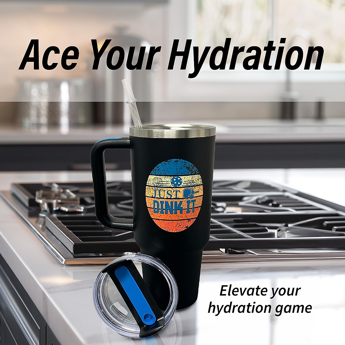 ReLIVE Pickleball Insulated 40oz Stainless Steel Tumbler Cup with Lid, Straw, and Handle, Drink, Tea, and Coffee Travel Mug - Black