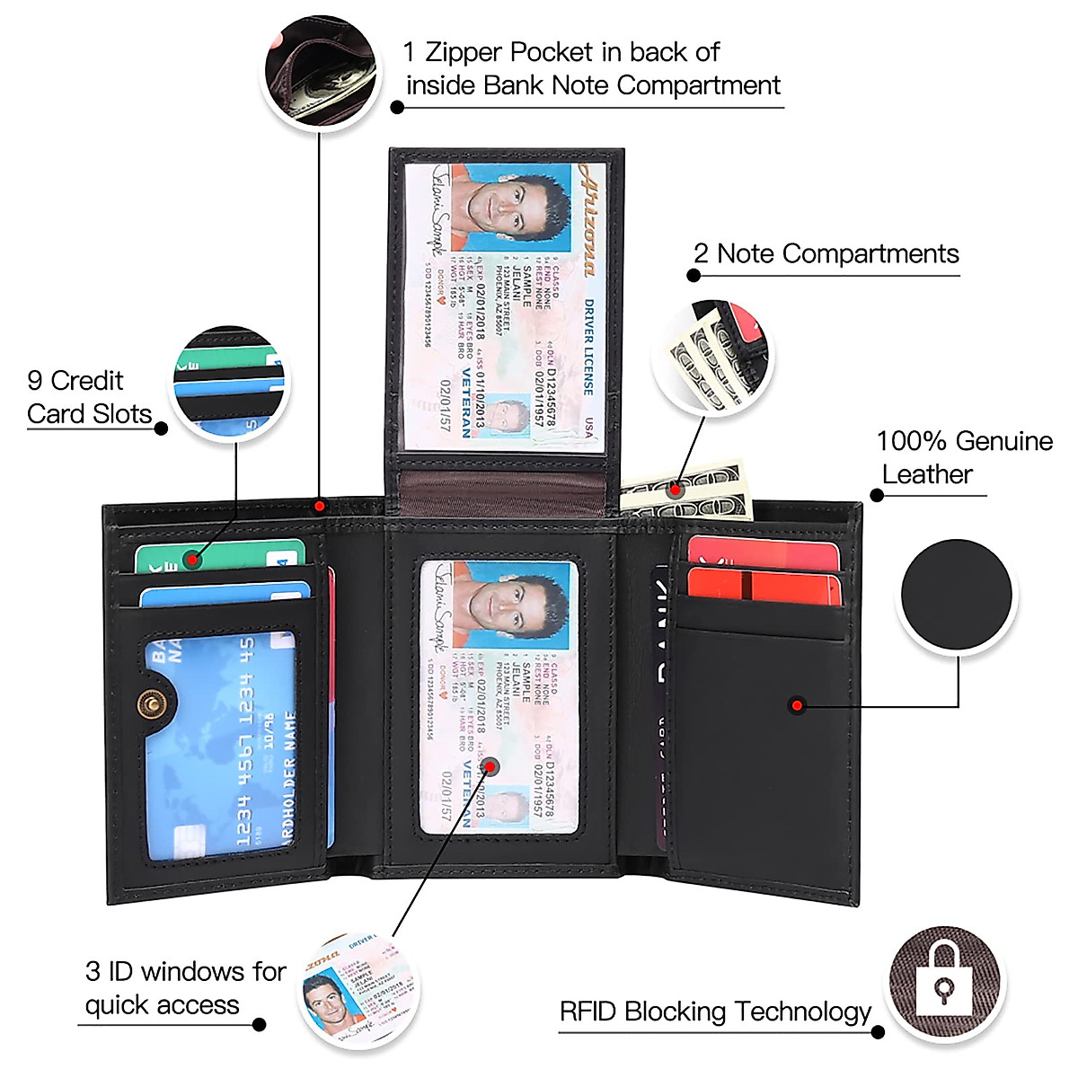 FALAN MULE Men's Wallet Genuine Leather Trifold Wallet With ID Window