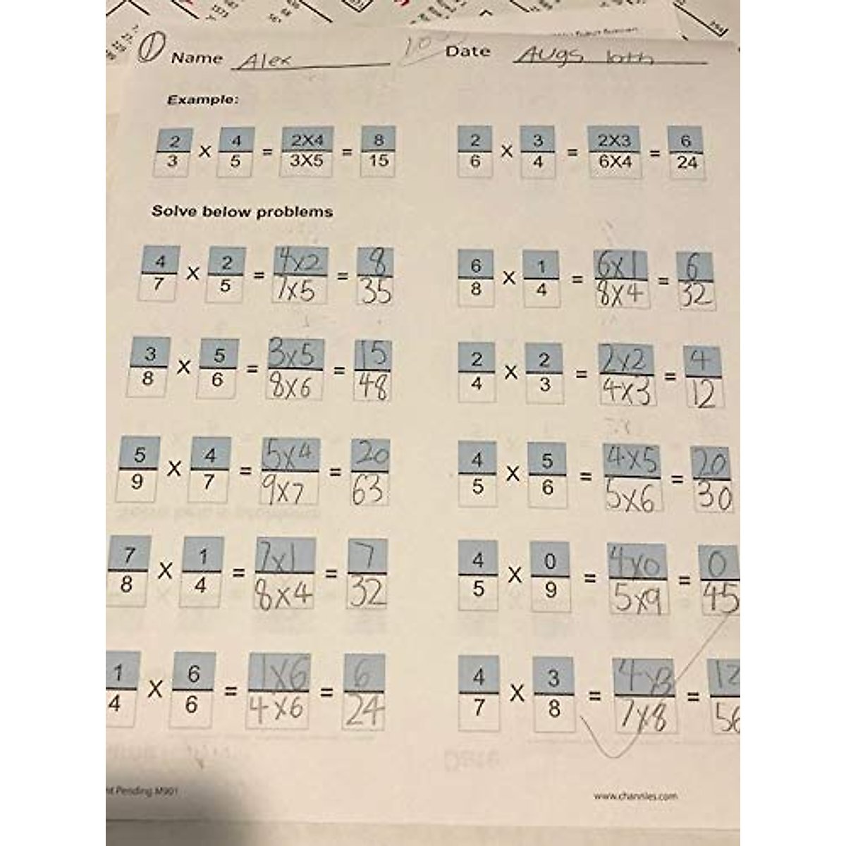 Channie’s One Page A Day Workbook, Beginner Single Digit Fraction Math Practice Worksheets, 50 Pages Front & Back, 25 Sheets, Grades 3rd, 4th, and 5th, Size 8.5” x 11” Summer School, Summer Bridge