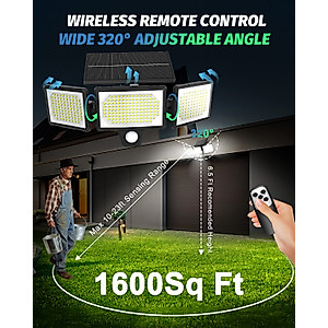 Large Solar Panel Flood Lights Outdoor, 304 Led Solar Lights Waterproof IP67, 3 Foldable Heads Motion Sensor Light with Remote, Security Lights for Front Door Garage Driveway (Always on/Motion)