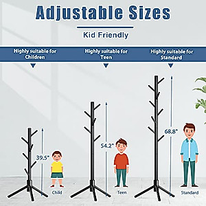 Haddockway Wooden Coat Rack Stand with 8 Hooks New Zealand Pine Adjustable Coat Standing Tree Easy Assembly for Coats, Hats, Scarves and Handbags for Entryway, Hallway, Bedroom, Office Black