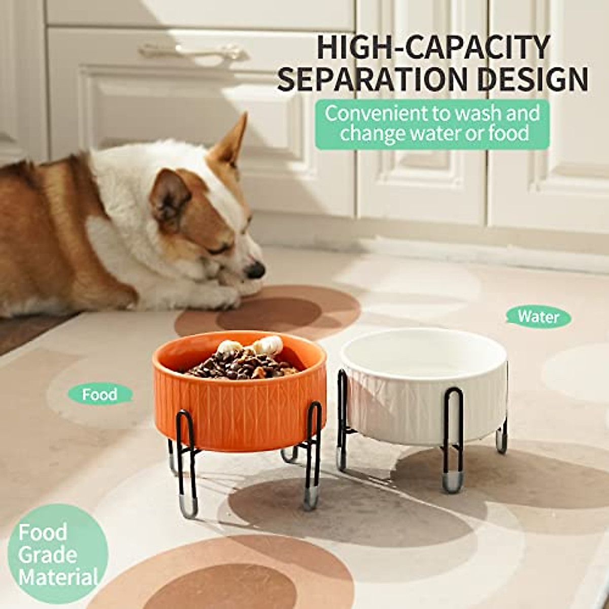 OMAYKEY 32 OZ Ceramic Elevated Dog Bowls with Metal Stand, Raised Cat Bowl Set for Food and Water, Pet Feeder Bowl Dish for Cats & Dogs, Non-Slip, Dishwasher Safe, White & Orange