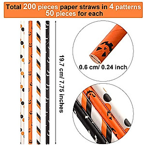 200 Pieces Halloween Paper Straws Black and Orange Striped Dot Print Paper Drinking Straws with Pumpkin Bat Spider Web Skeleton Print for Halloween Party Supplies (Color Set 1)