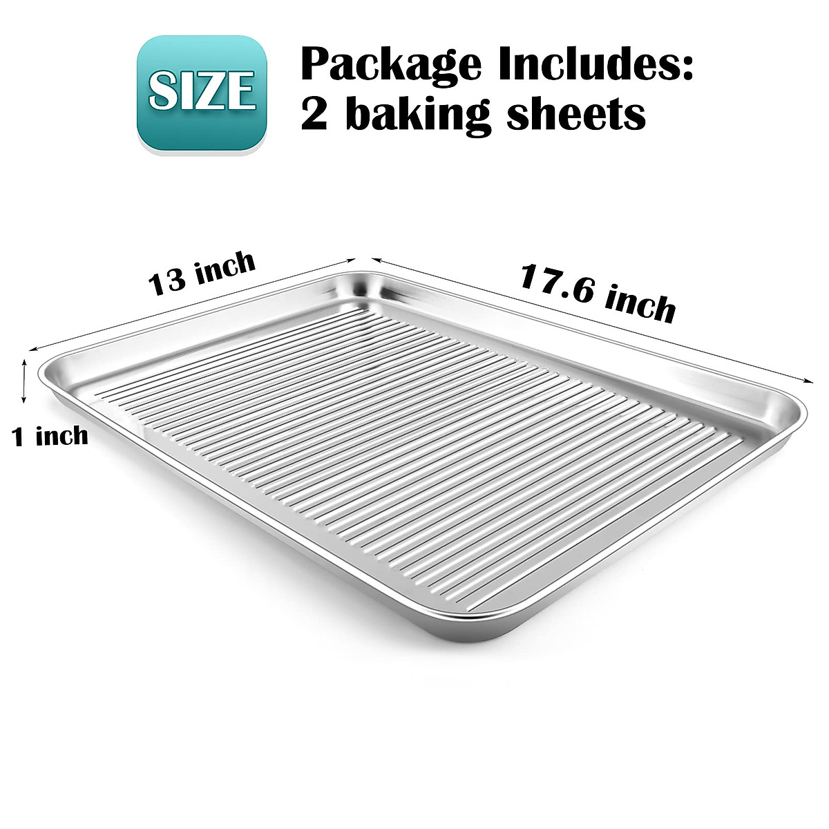 TeamFar Baking Sheet, 17.6”x13”x1” Stainless Steel Cookie Sheet Pan Tray for Oven, Healthy & Non Toxic, Corrugated Bottom & Dishwasher Safe - 2pcs