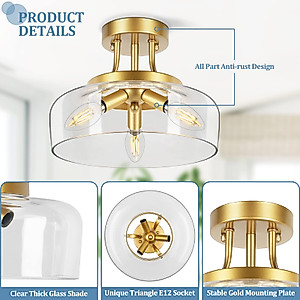 3-Light Gold Semi Flush Mount Ceiling Light Fixture, Modern Drum Glass Shade Ceiling Lamp for Living Room, Kitchen, Bedroom, Hallway, Bathroom, Laundry - E12 Socket, No Bulbs