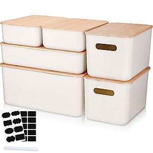 Suzile 6 packs Plastic Storage Bins with Bamboo Lids Stackable Storage Containers for Organizing, with Labels and Marker Document Paper Storage(Medium Large)