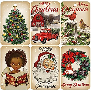 132PCS Vintage Christmas Gift Tags, Christmas Gift Tags with String, Xmas Hanging Name Tag Labels for Wrapping Holiday Home Decor, Santa Claus Christmas Tree Truck Cardinal Birds