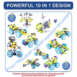 BRUVISH 10 in 1 Building Toy Set, STEAM Building Blocks with Electric Powered Motor for Children Boys Girls, Construction Toys with Tools for Kids Age 5 6 7 8 9 10 11 12, Engineering Building Bricks
