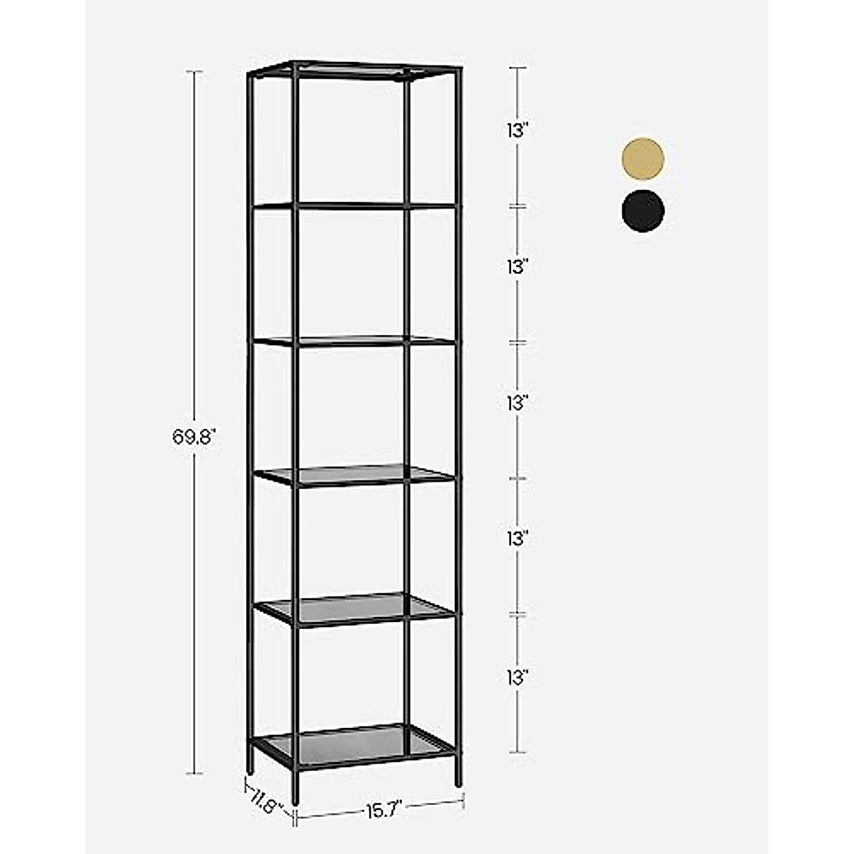 VASAGLE Bookcase, 6-Tier Bookshelf, Slim Shelving Unit for Bedroom, Bathroom, Home Office, Tempered Glass, Steel Frame, Black and Gray ULGT500G01