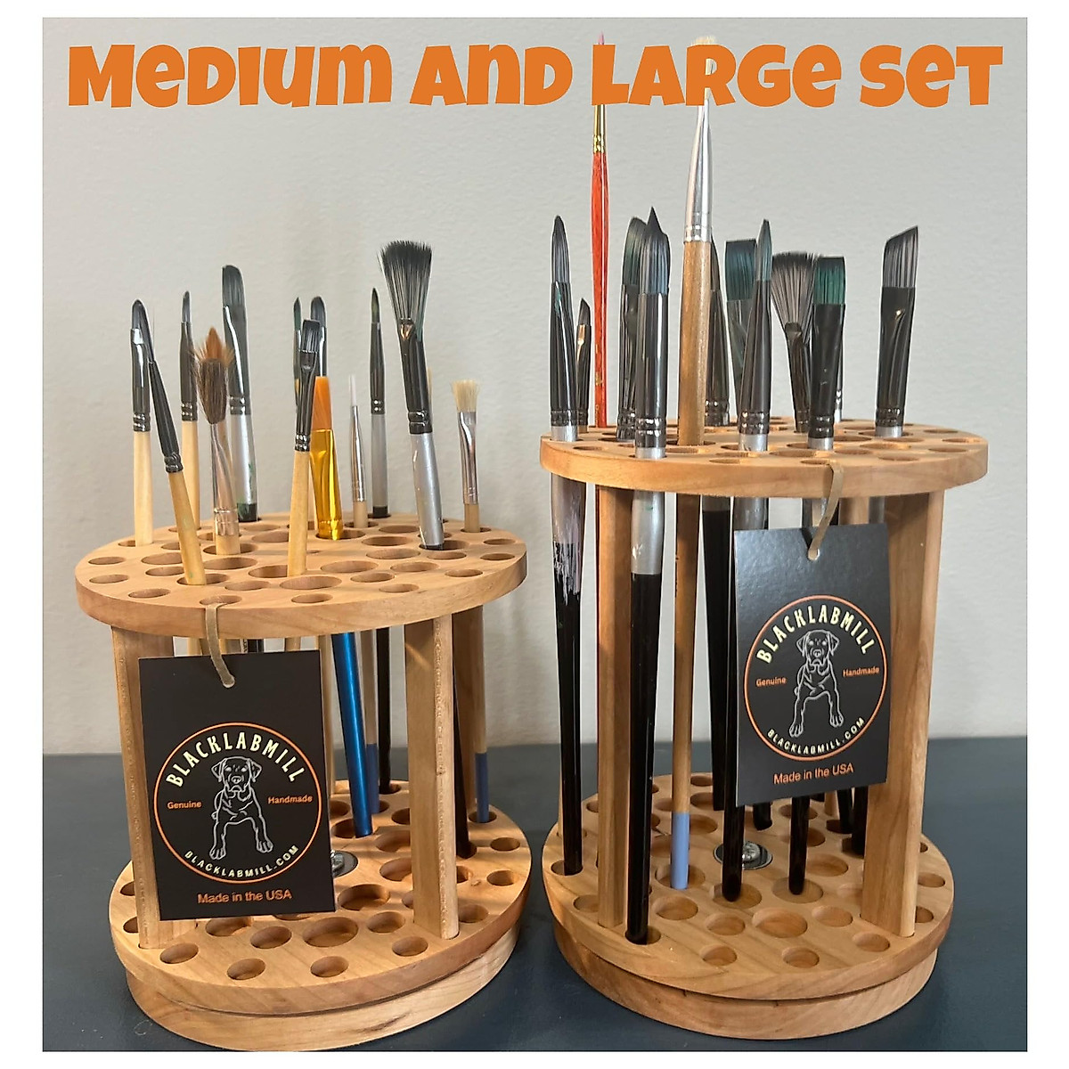 BlackLabMill Paintbrush Holder Set - Handmade Paint Brush Holder Rotating paint brush Organizer – Large Capacity Brush Organizer for Arts and Crafts