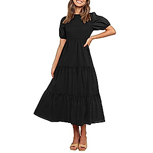 ZESICA Women's 2023 Casual Summer Crew Neck Short Puff Sleeve Smocked High Waist Ruffle Tiered A Line Midi Dress,Black,Medium