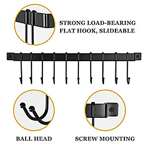 JEPRECO Kitchen Rail with 10 Hooks, Wall Mounted Iron Utensil Holder Hanging Pot Pan Rack Mug Cup Organizer,17 Inch Black