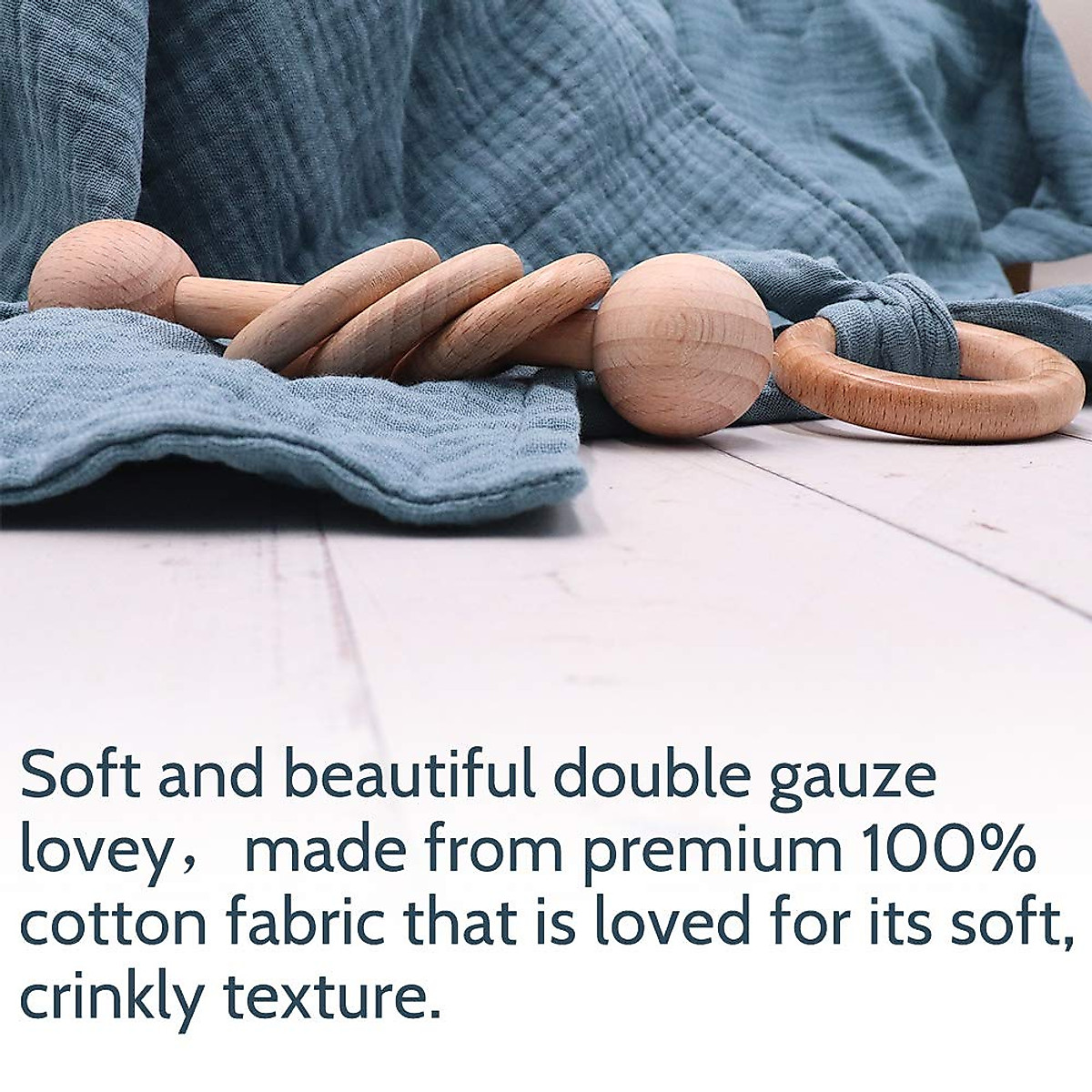 Baby Lovey, Wood Rattle, Teether Ring, 3 Pack Montessori Gift, Gray, Cotton, Double Gauze, Baby Shower, Gender Neutral Gift