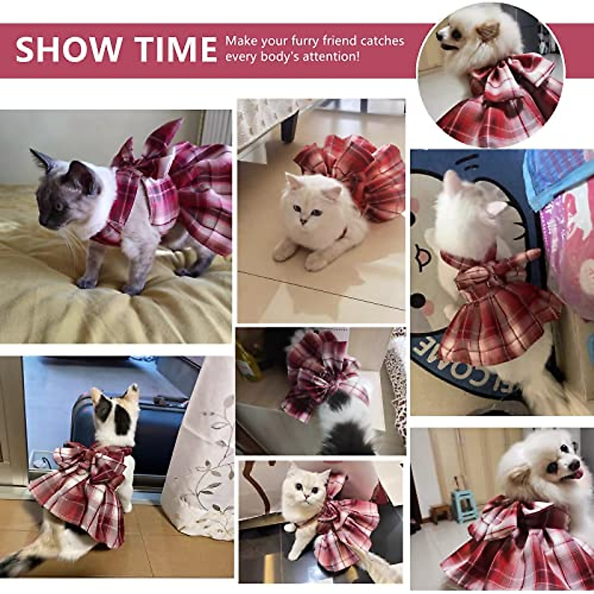 Dog Clothes for Small Dogs Girl, Plaid Dog Dresses Dog Dress Harness with Leash Set,Cute Dog Clothes for Cats Bunny Chihuahua Yorkie Pet Outfits (Small, Red)