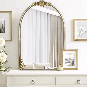 POZINO Gold Traditional Arched Mirror, Baroque Inspired Wall Mirror, Ornate Antique Mirrors, Vintage Carved Mantel Mirrors for Bathroom Bedroom Entryway, 24" x36